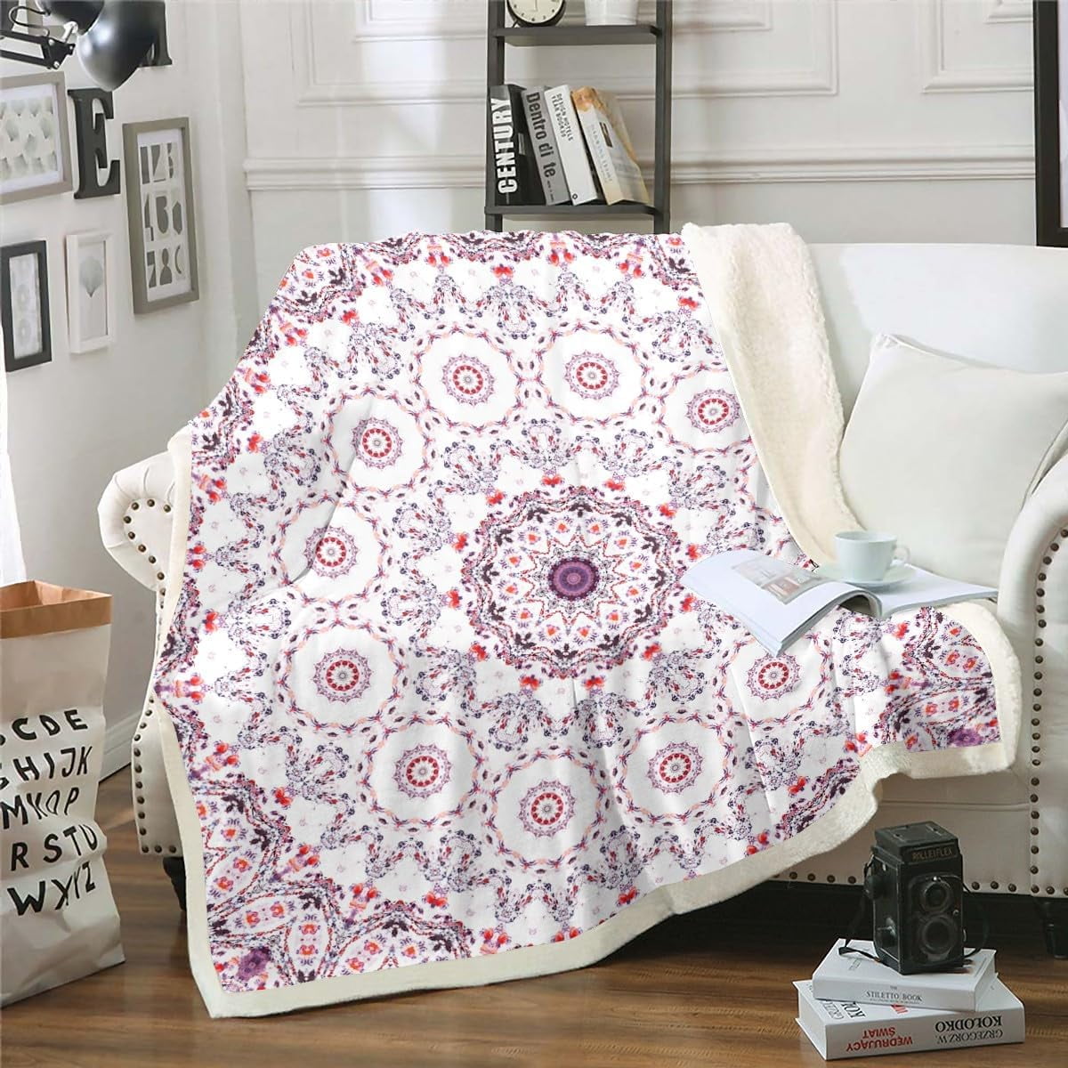 Abstract Flower Fleece Blanket for Girls Women Hippie Medallion Sherpa ...