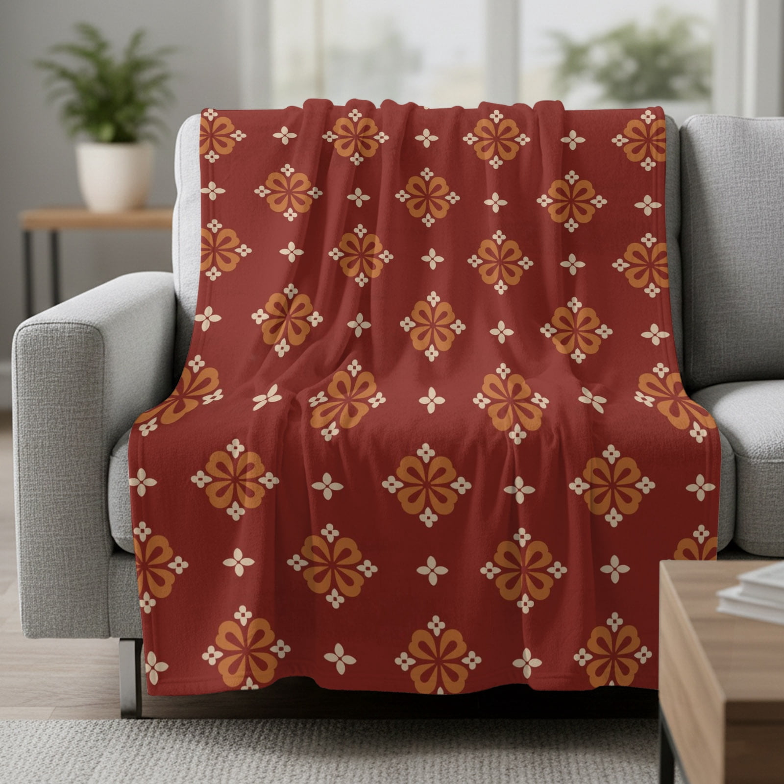Abstract Flower Fleece Throw Blanket Vintage Geometric Red Diamond ...
