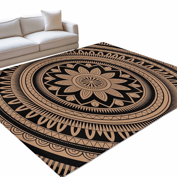 Abstract Flower Geometric Area Rug, Gold Black Boho Circle Non-Slip ...