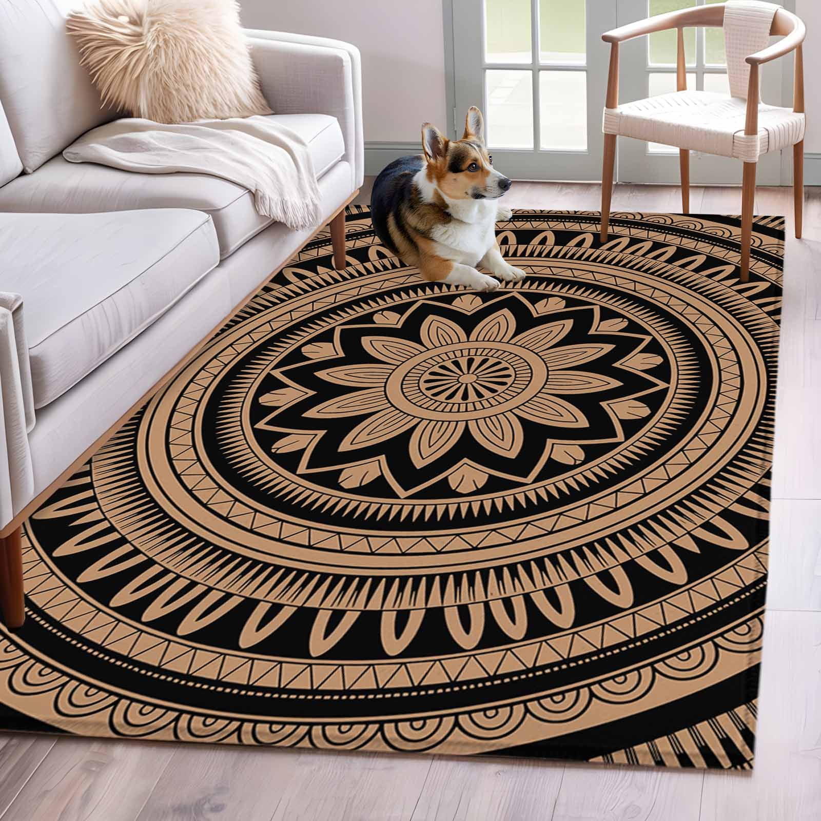 Abstract Flower Geometric Area Rugs 3x5 ft Gold Black Boho Circle ...