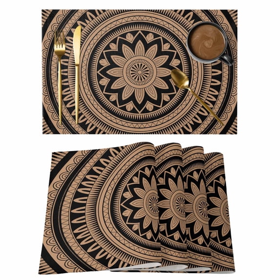 Abstract Flower Geometric Cotton Linen Placemats Set of 8, Gold Black ...
