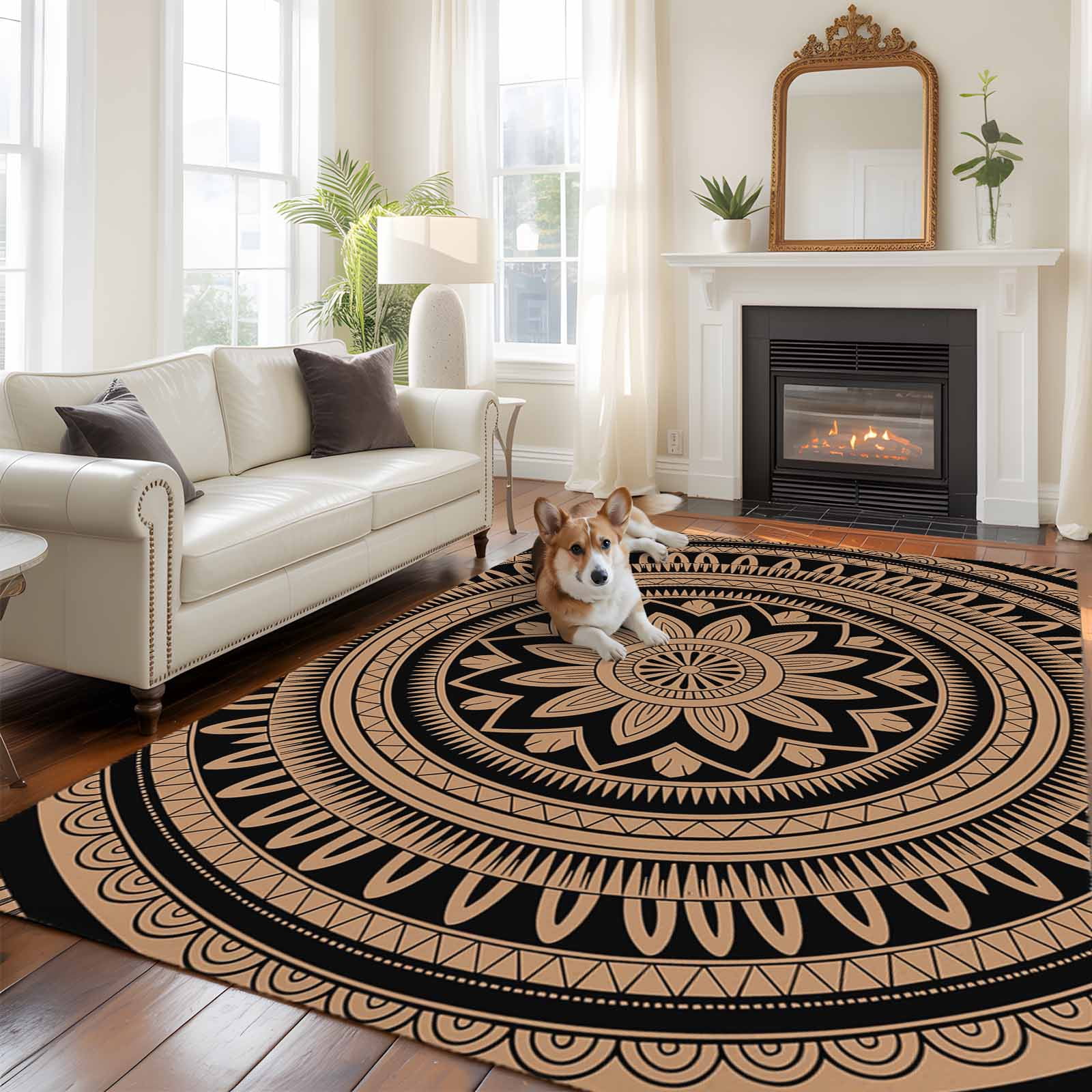 Abstract Flower Geometric Large Area Rugs 5x8 ft Gold Black Boho Circle ...