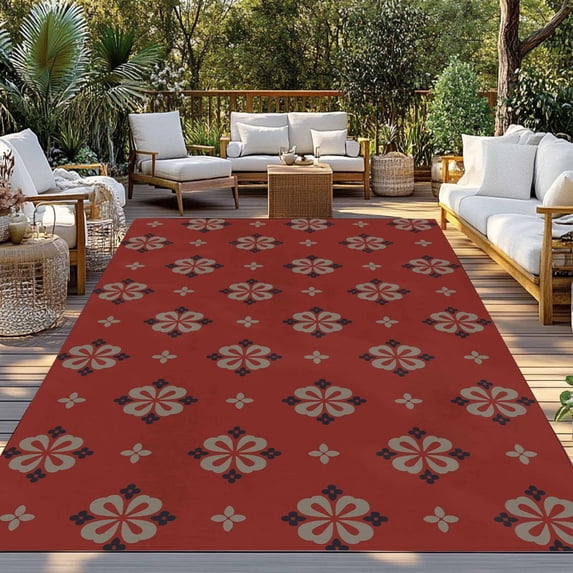 Abstract Flower Indoor Outdoor Rugs 5x7 Ft, Vintage Geometric Dark Red ...