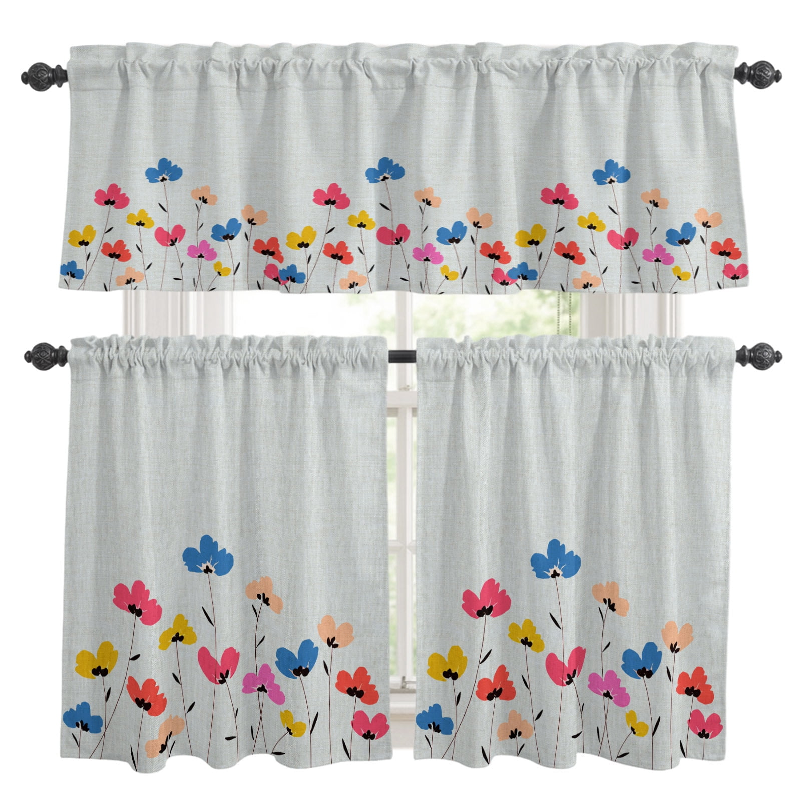 Abstract Flower Kitchen Curtains Valance and Tier Set Leaves ...