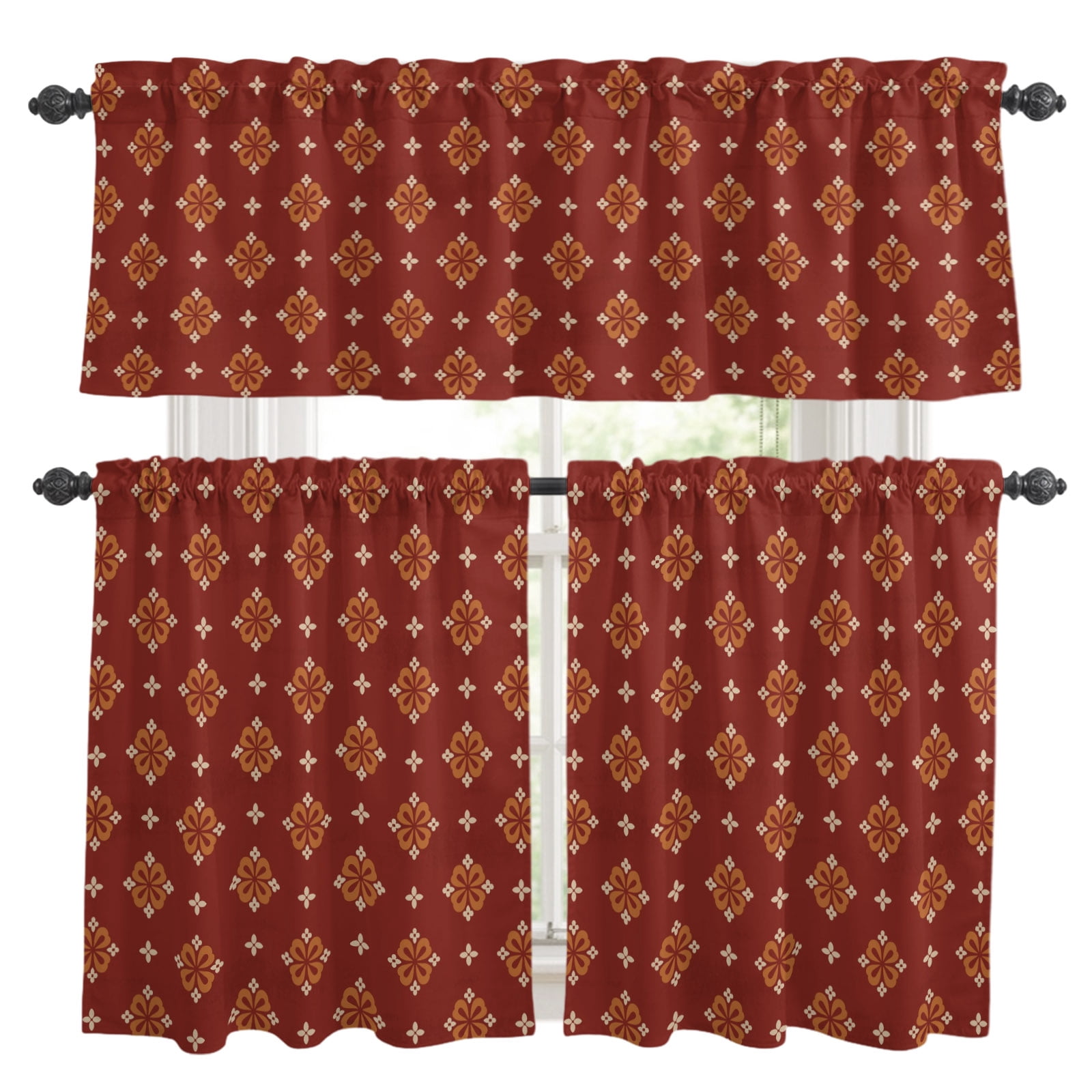 Abstract Flower Kitchen Curtains Valance and Tier Set Vintage Geometric ...