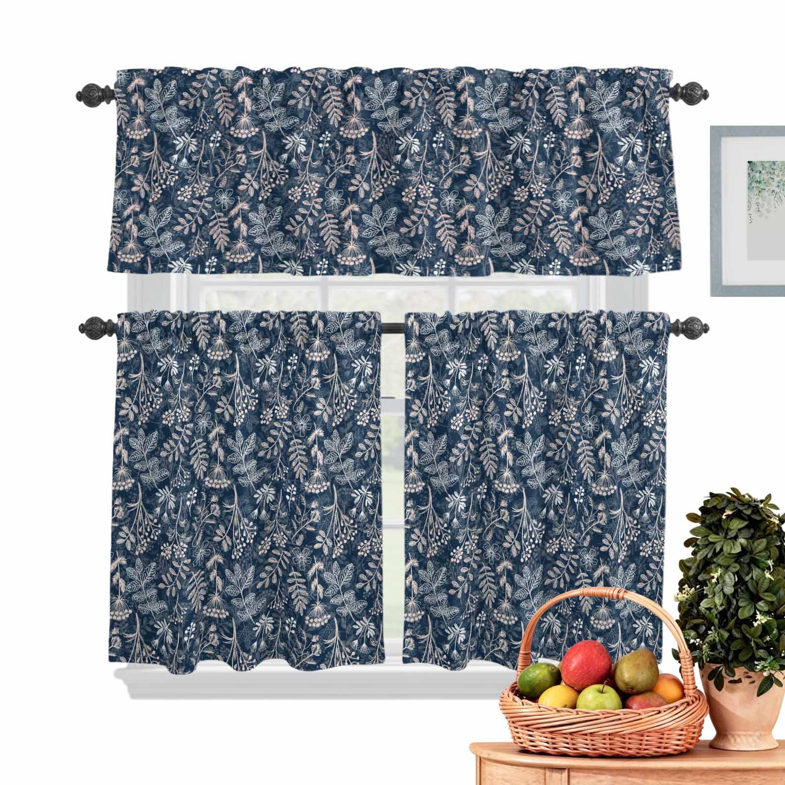 Abstract Flower Kitchen Curtains Valances 3 Piece Set, Blue Dandelion ...