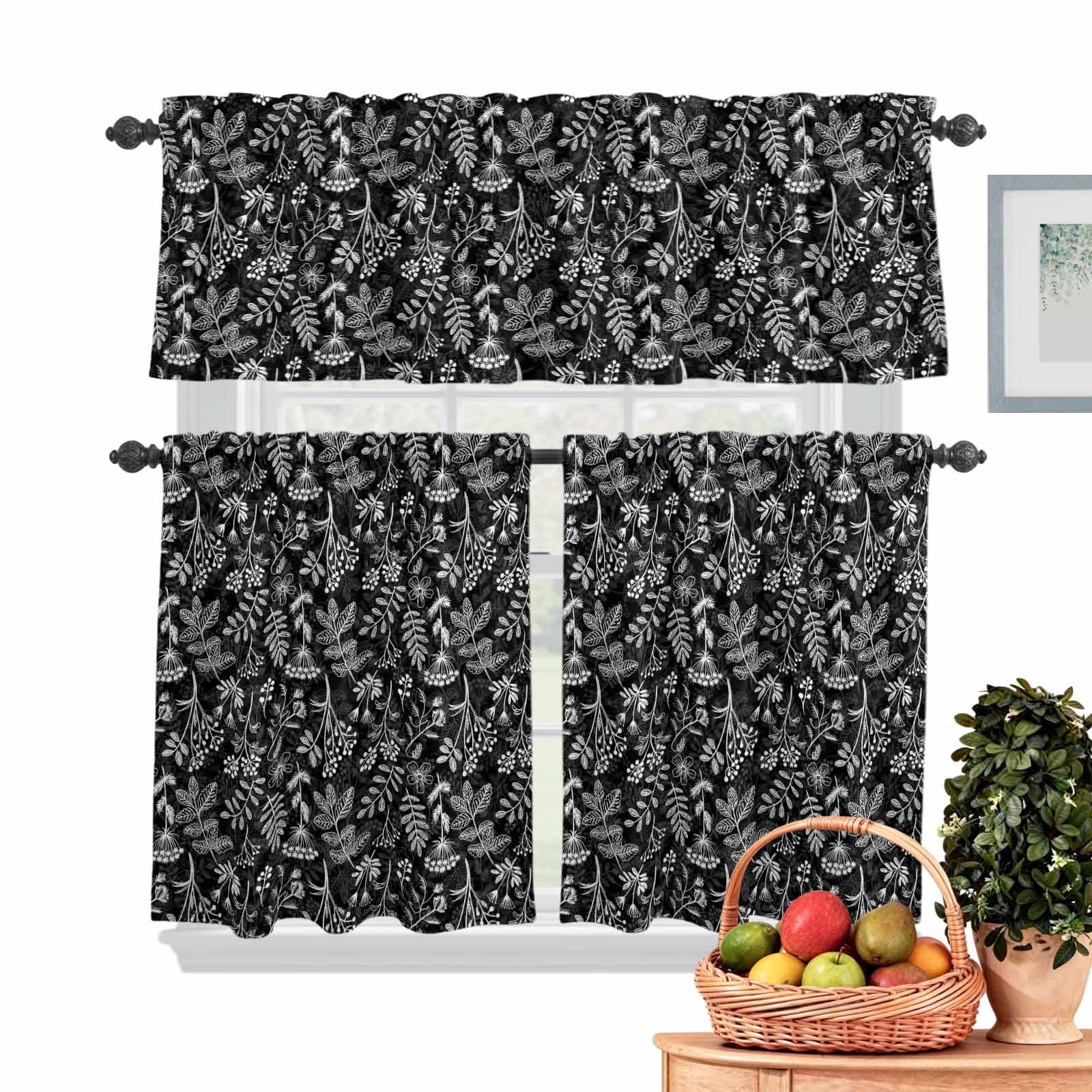 Abstract Flower Kitchen Curtains Valances 3 Piece Set, White Dandelion ...