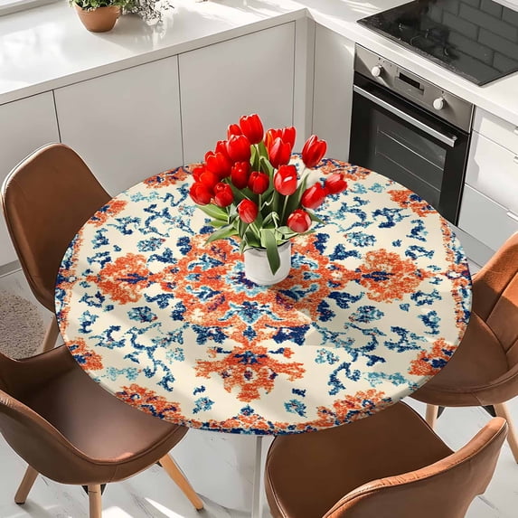 Abstract Flower Leaf Ethnic Style Round Fitted Tablecloth with Elastic ...