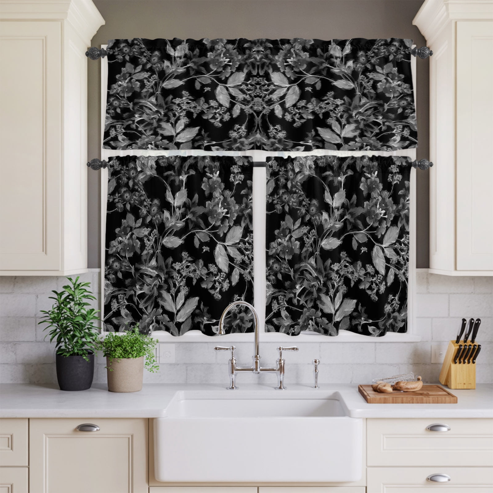 Abstract Flower Leaves on Black Curtain Tier and Valance Set 3 Piece ...
