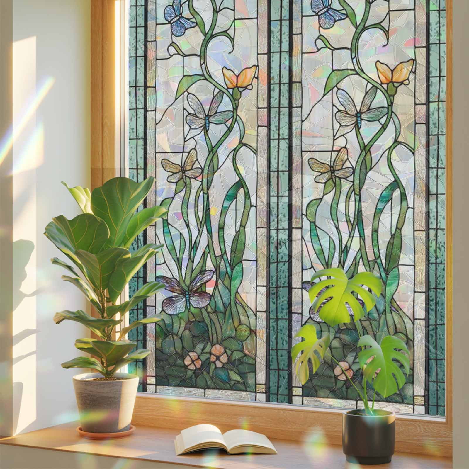 Abstract Flower Leaves Butterfly Window Privacy Film, Rainbow Film ...
