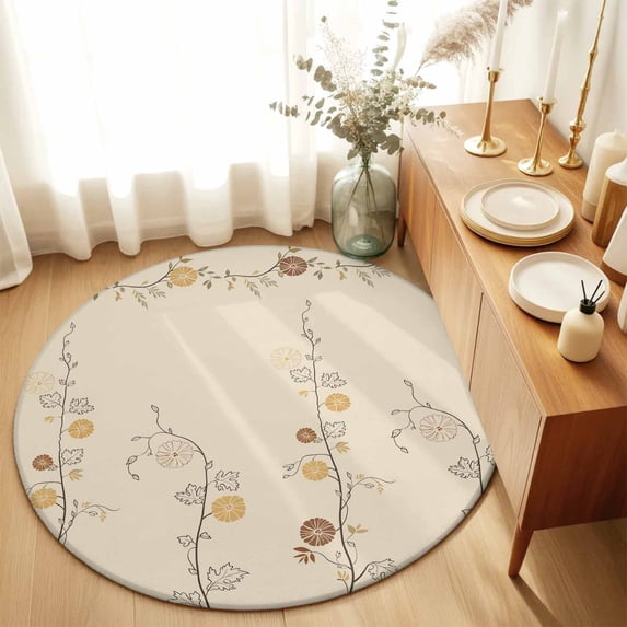 Abstract Flower Leaves Round Rug 3ft Retro Floral Brown Washable Area ...