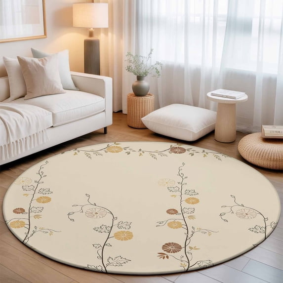 Abstract Flower Leaves Round Rug 5ft Retro Floral Brown Washable Area ...