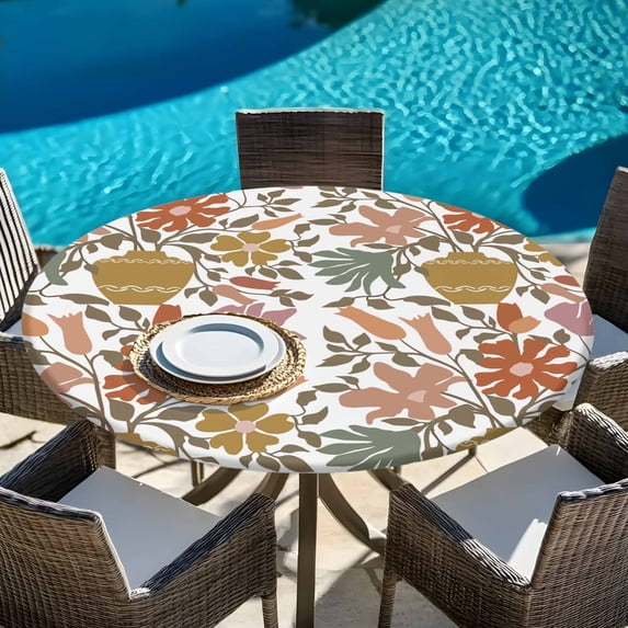 Abstract Flower Leaves Sketch Vase Round Fitted Tablecloth with Elastic ...