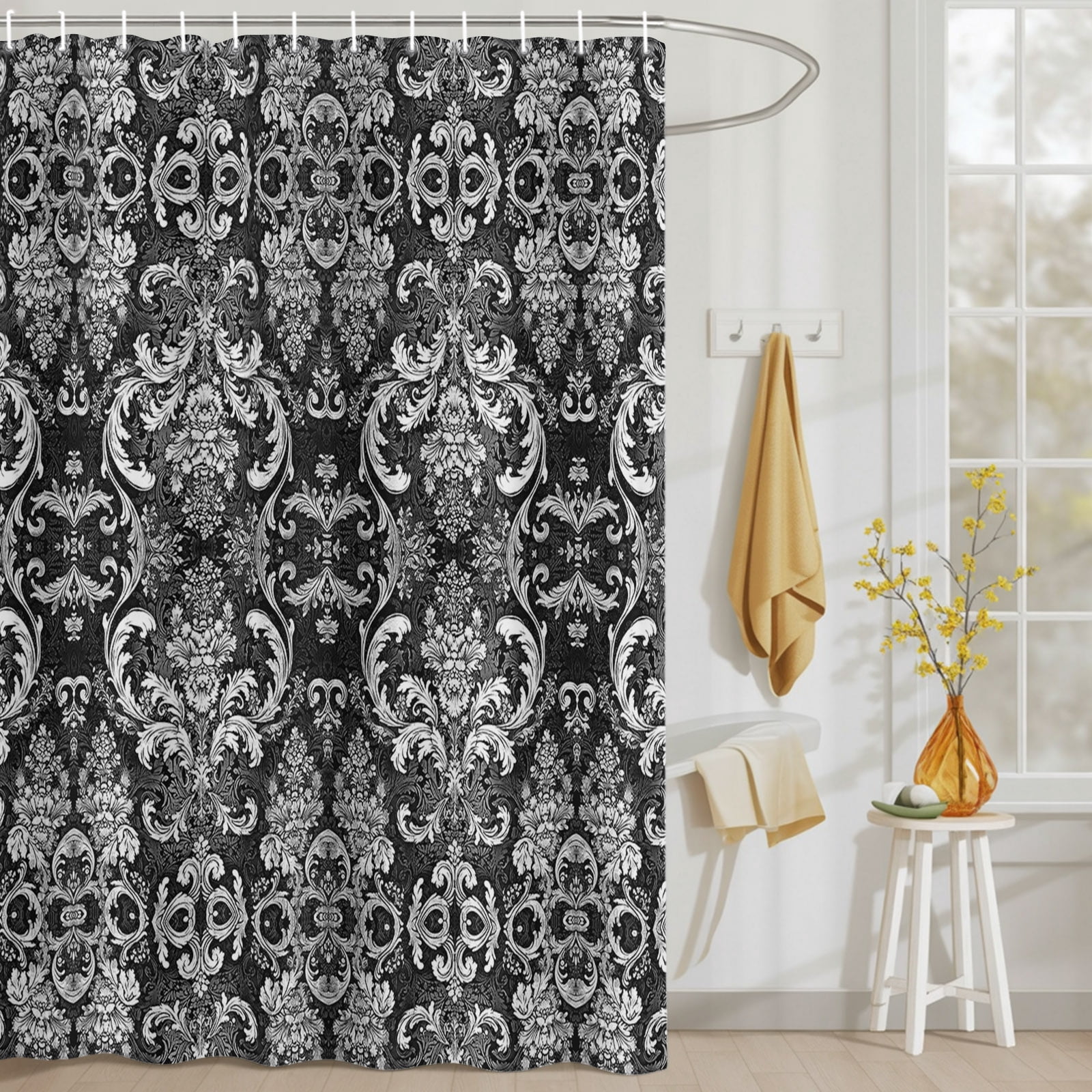 Abstract Flower Monochrome Art Shower Curtain Set, Waterproof Shower ...