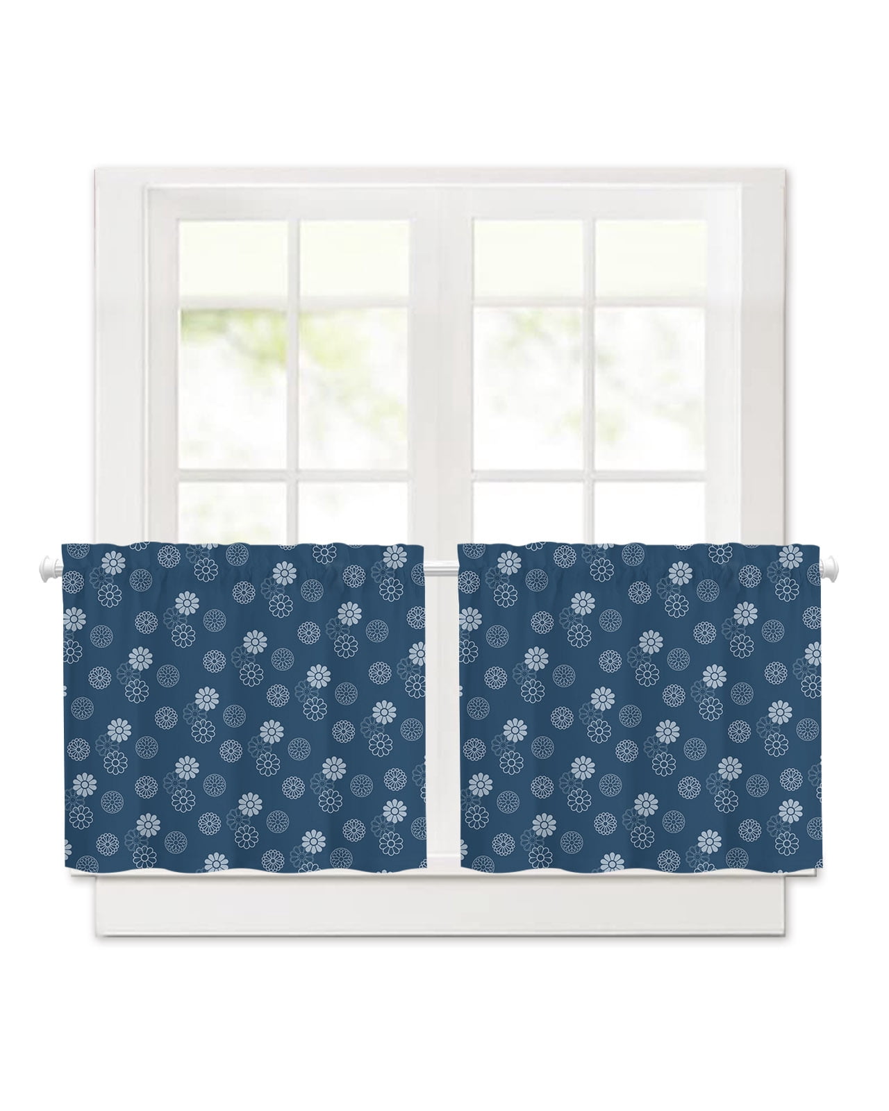 Abstract Flower on Navy Blue Short Blackout Curtains 30 Inch Long ...