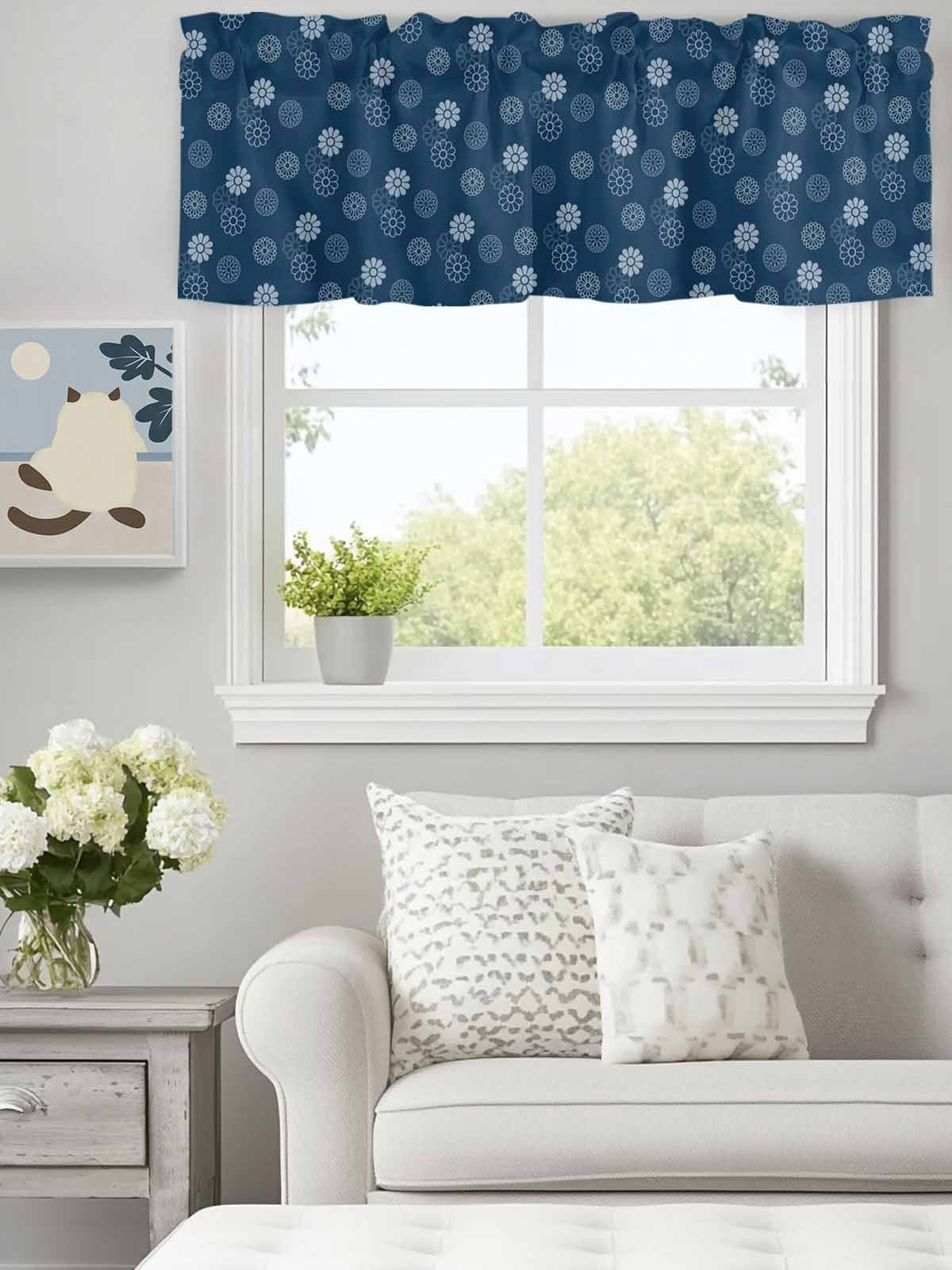 Abstract Flower on Navy Blue Valances for Windows,Kitchen Valance Rod ...