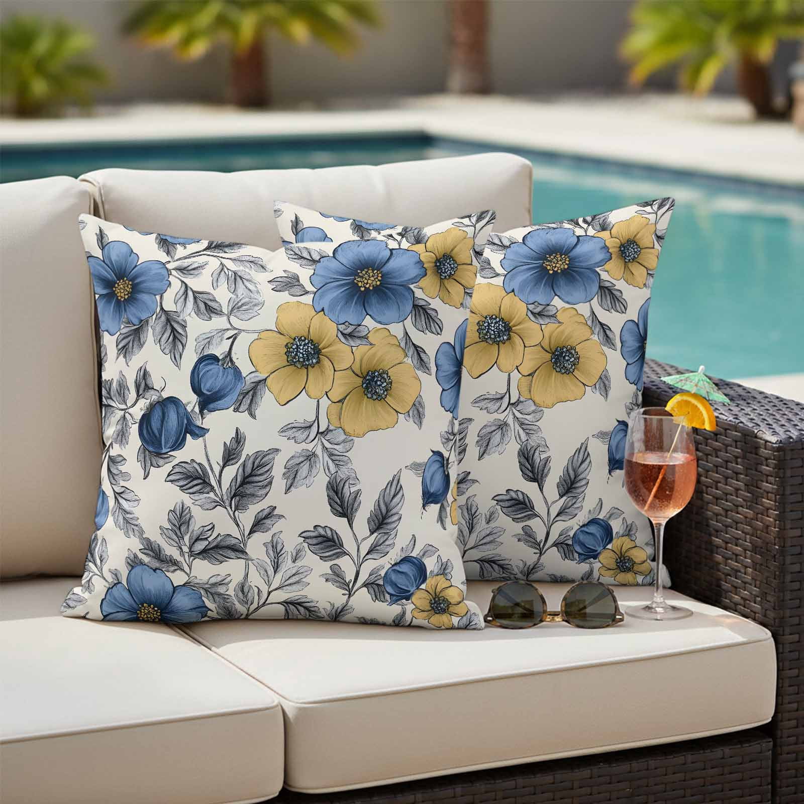 Abstract Flower Outdoor Throw Pillow Covers Set of 2, Vintage Blue ...