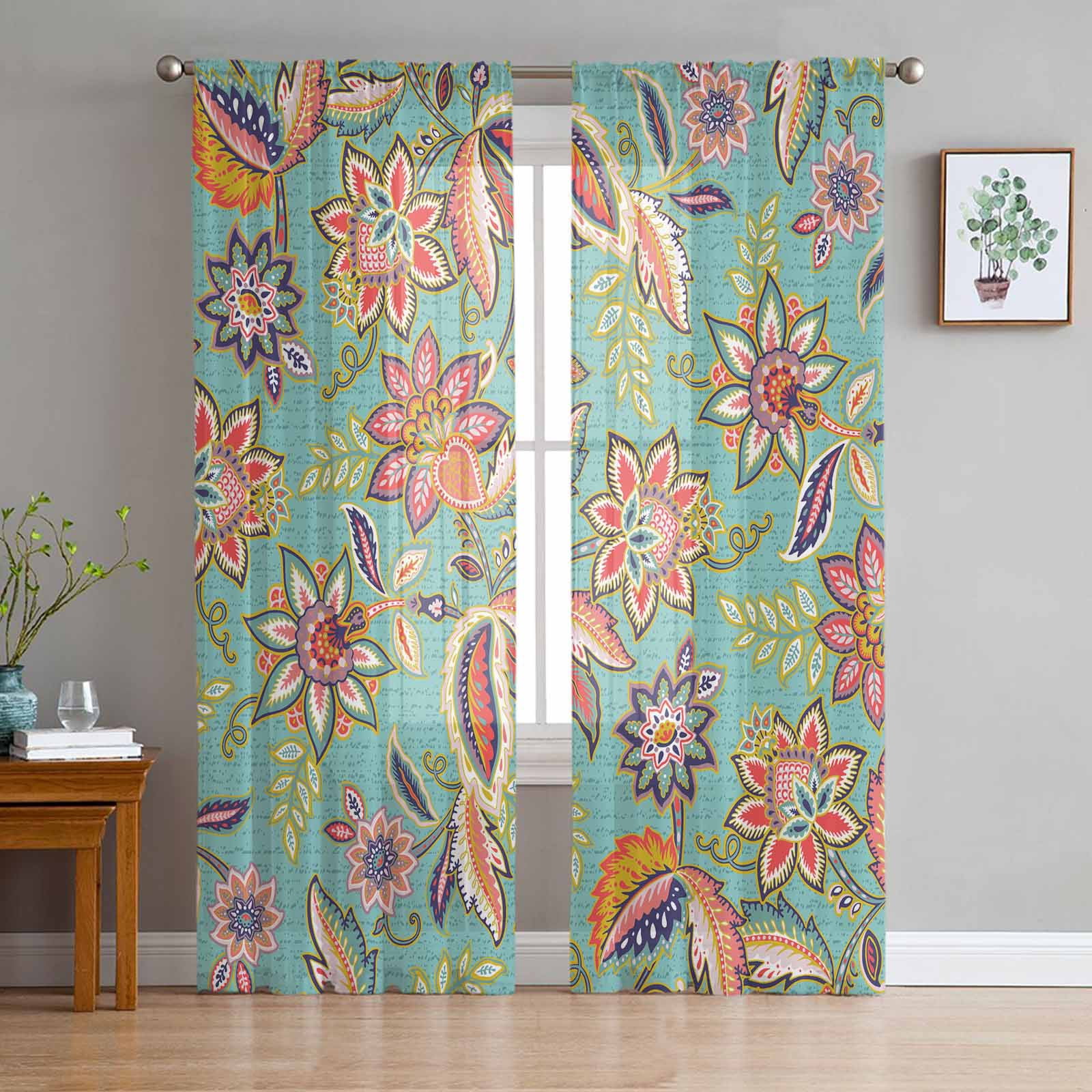 Abstract Flower Paisley Ethnic Leaves Vintage Sheer Curtain Living Room ...