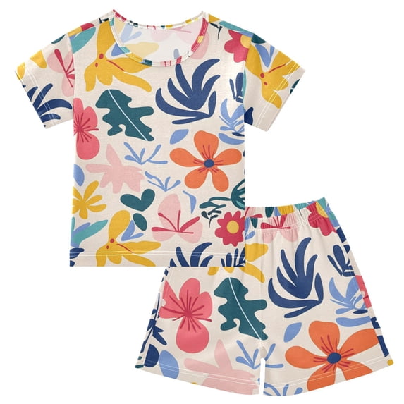 Abstract Flower Pattern Summer Pajama Set Soft Cotton Short Sleeve ...