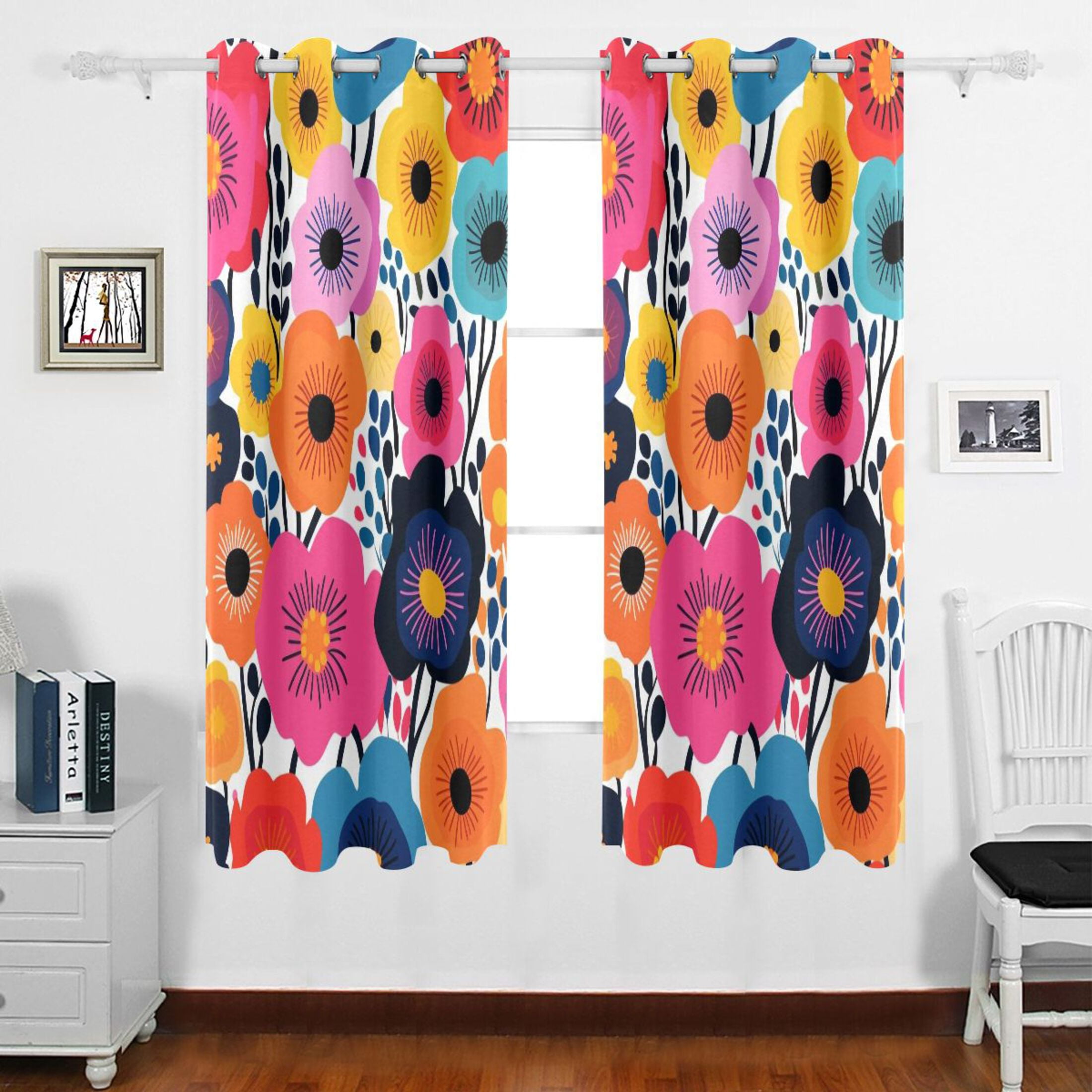 Abstract Flower Print Grommet Blackout Curtains Thermal Insulated Window Curtain Sets for ...