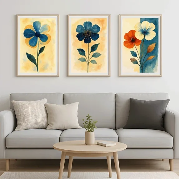 Abstract Flower Prints Set of 3 | Stylized Blue Orange Botanical Wall ...
