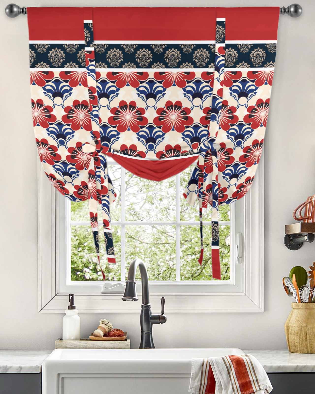 Abstract Flower Red Retro Window Curtain for Living Room Home r Blinds ...