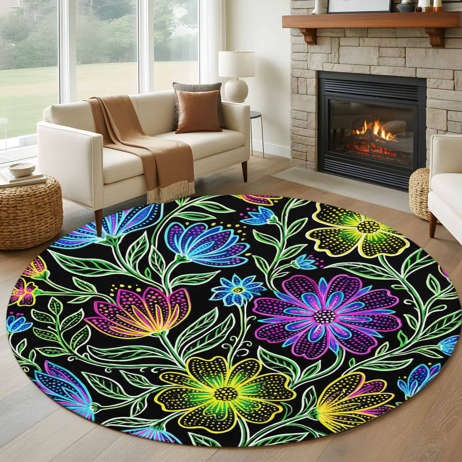 Abstract Flower Round Area Rug 6Ft Washable Circle Rugs for Bathroom ...