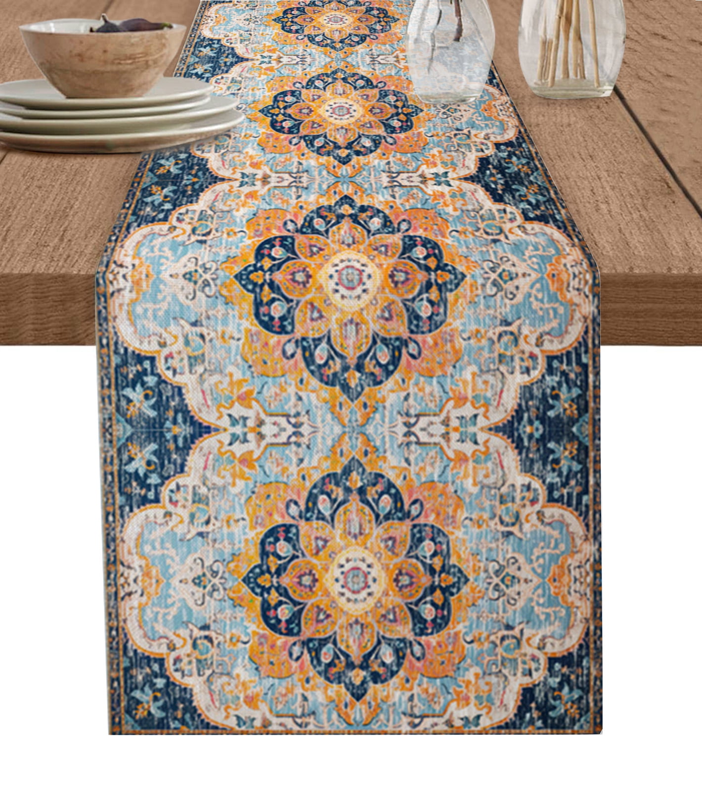 Abstract Flower, Table Runner Boho Vintage Colorful Native Print ...
