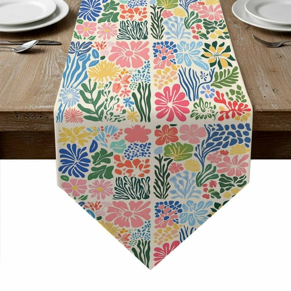 Abstract Flower Table Runner Linen Burlap Table Runner 90 Inches Long ...