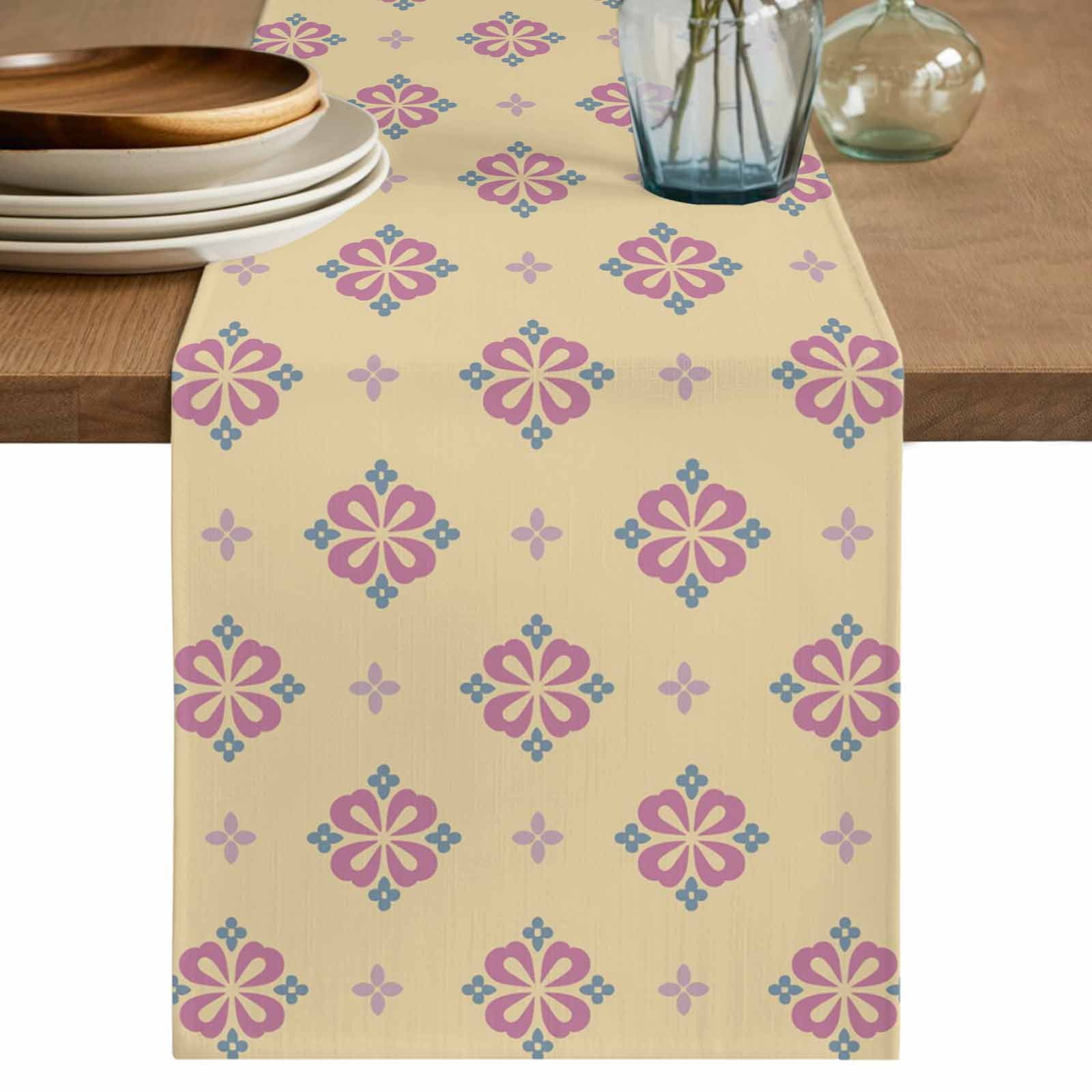 Abstract Flower Table Runner, Vintage Geometric Purple Yellow Diamond ...