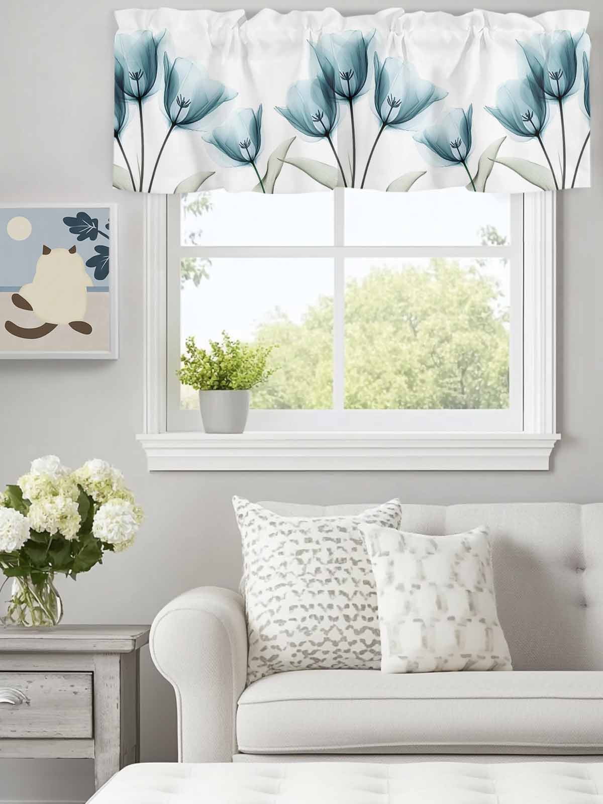 Abstract Flower Teal Floral Valances for Windows,Kitchen Valance Rod ...