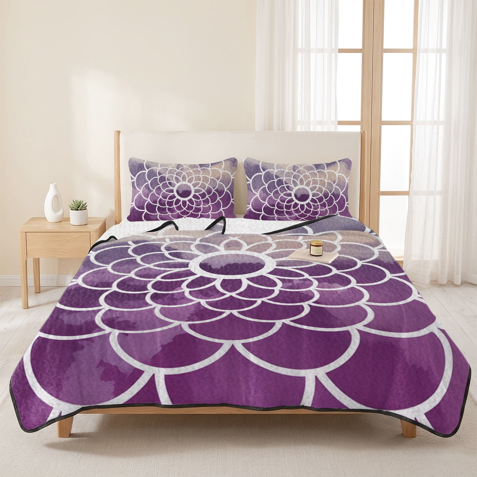 Abstract Flower Texture 3 Pieces Quilt Set,1 Quilt with 2 Shams,Purple ...