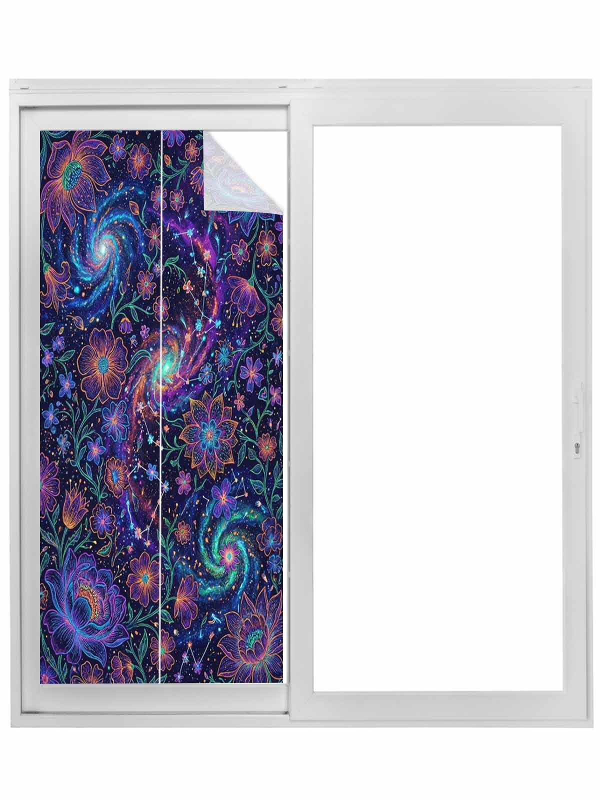 Abstract Flower Window Privacy Film, Blue Purple Stars Sky Floral Leaf ...