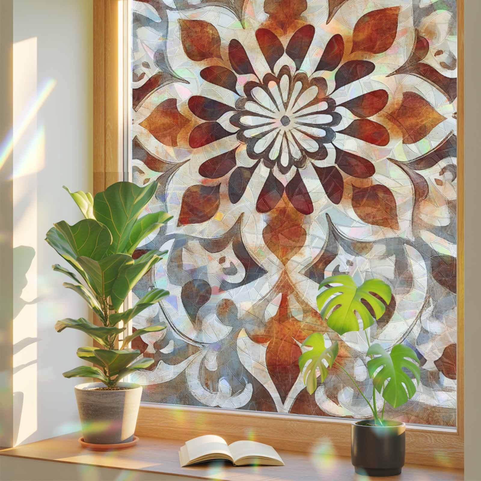 Abstract Flower Window Privacy Film, Retro Red Brown Flower Ethnic ...