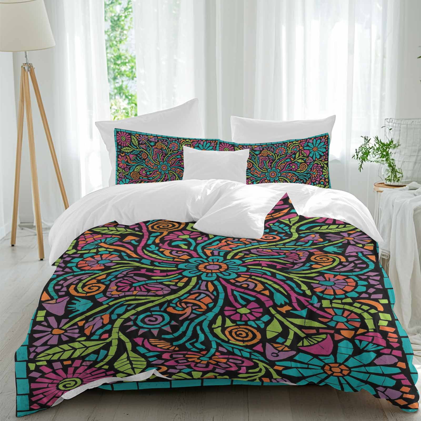 Abstract Flowers 4 Piece Duvet Cover Set Queen Size Retro Abstract Blue ...