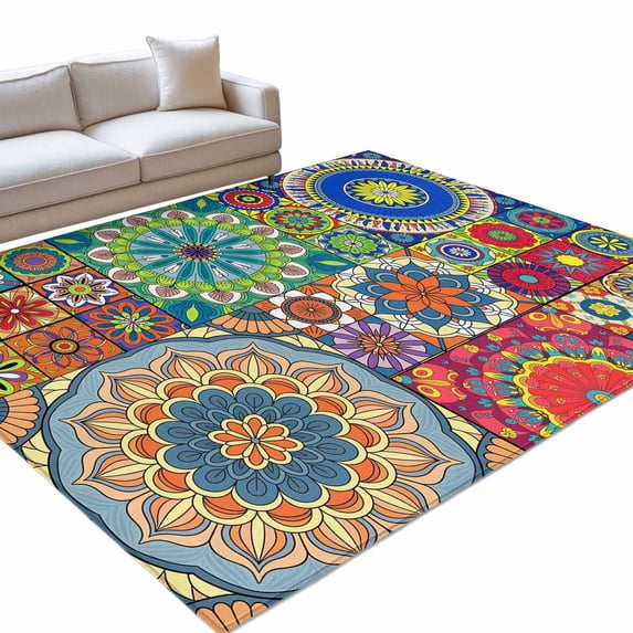 Abstract Flowers Area Rug, Ethnic Style Colorful Floral Countryside Non ...