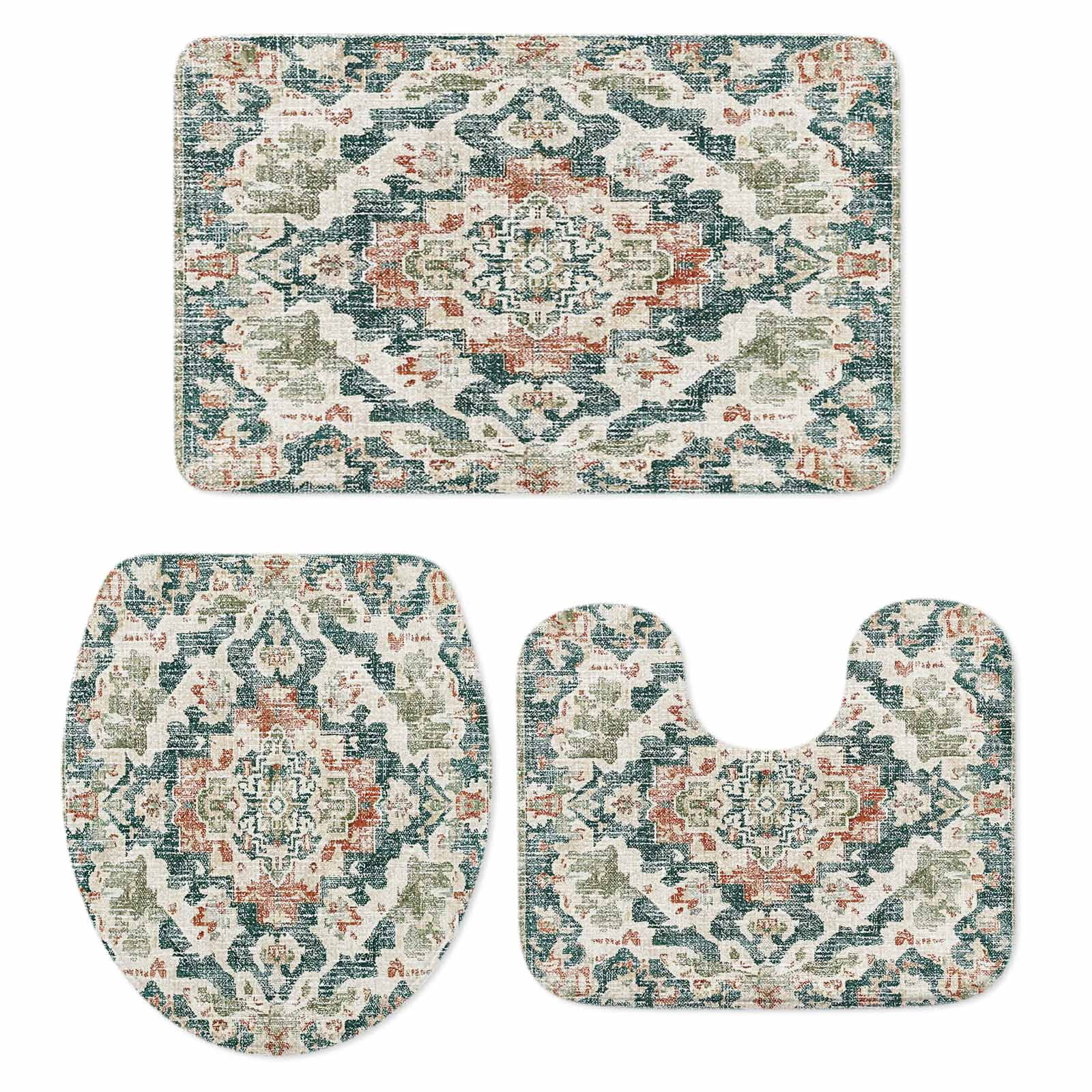 Abstract Flowers Bathroom Rugs Set Green Red Retro Medieval National ...