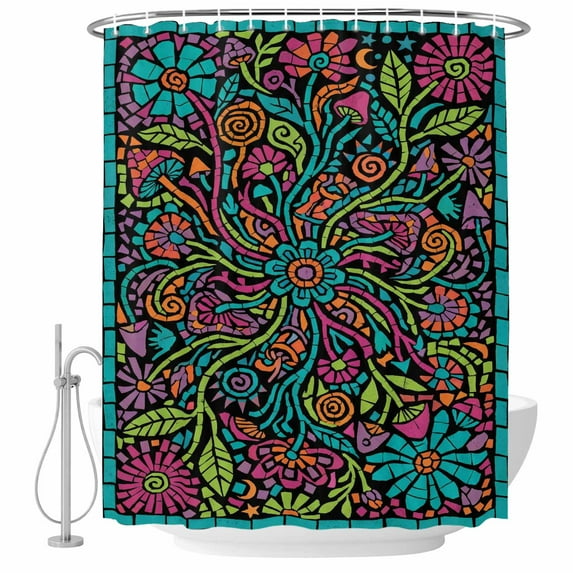 Abstract Flowers Bathroom Shower Curtains with Hooks, Retro Abstract ...