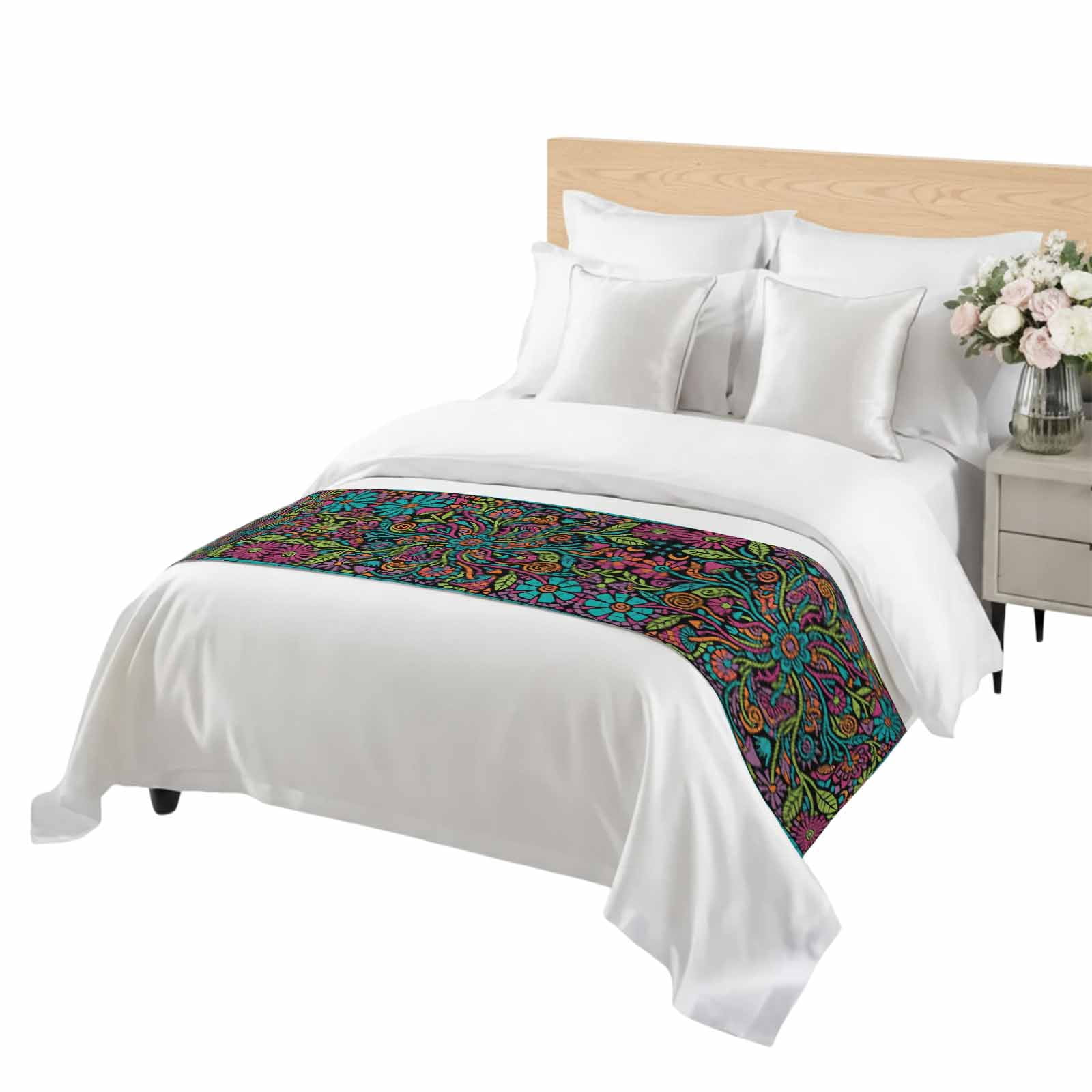 Abstract Flowers Bed Runner Twin Size Retro Abstract Blue Pink Orange ...