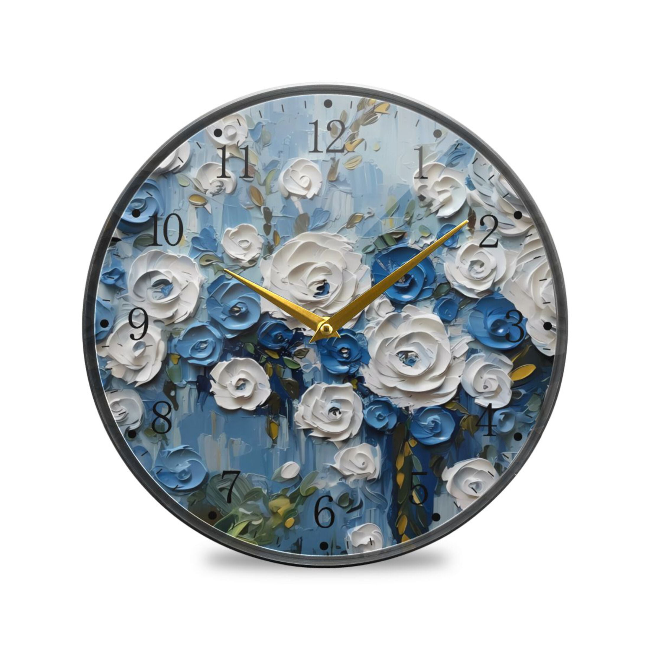 Abstract Flowers Blue Acrylic Wall Clocks Quiet Round Clock Battery ...