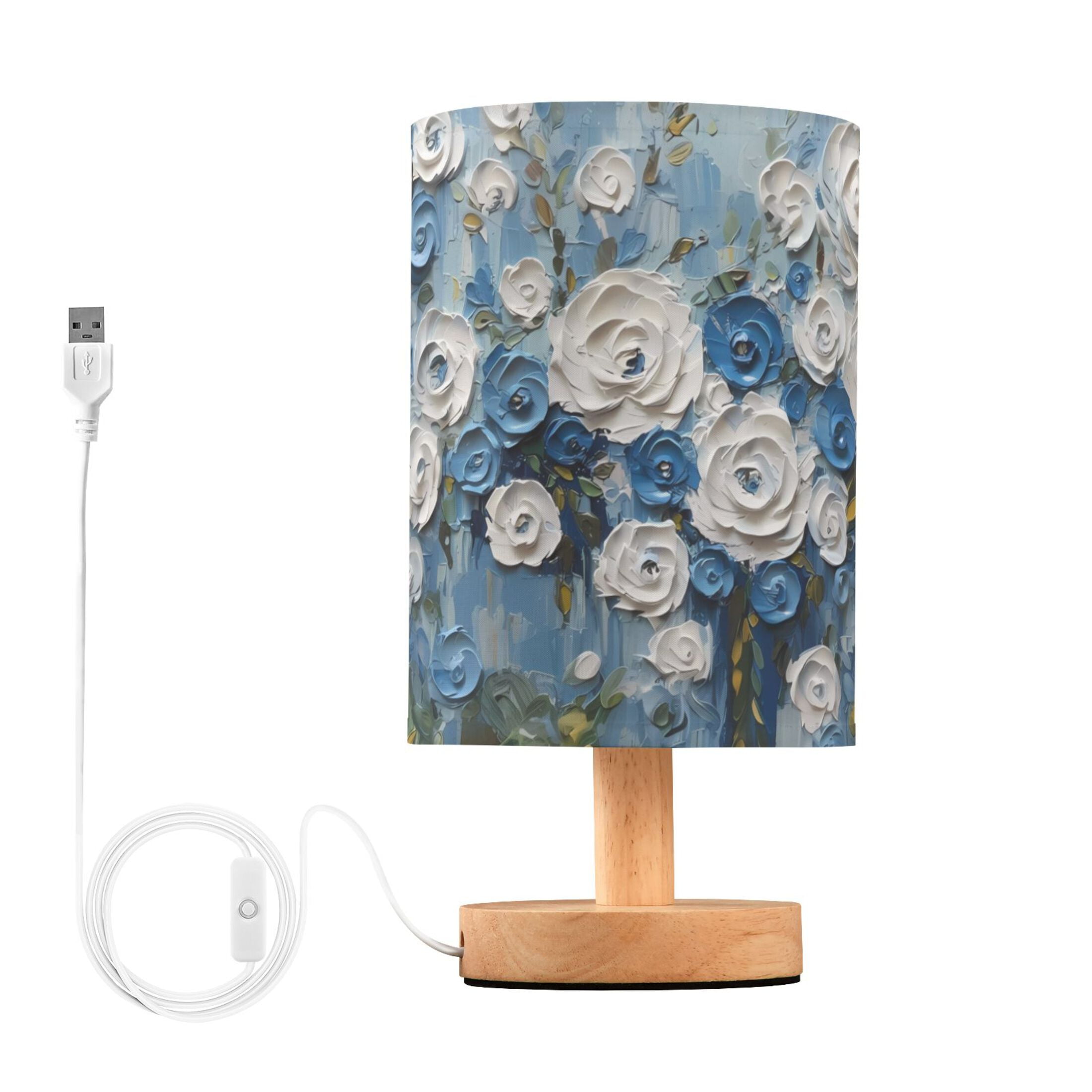 Abstract Flowers Blue Bedside Table Lamp LED Warm Lights with USB ...
