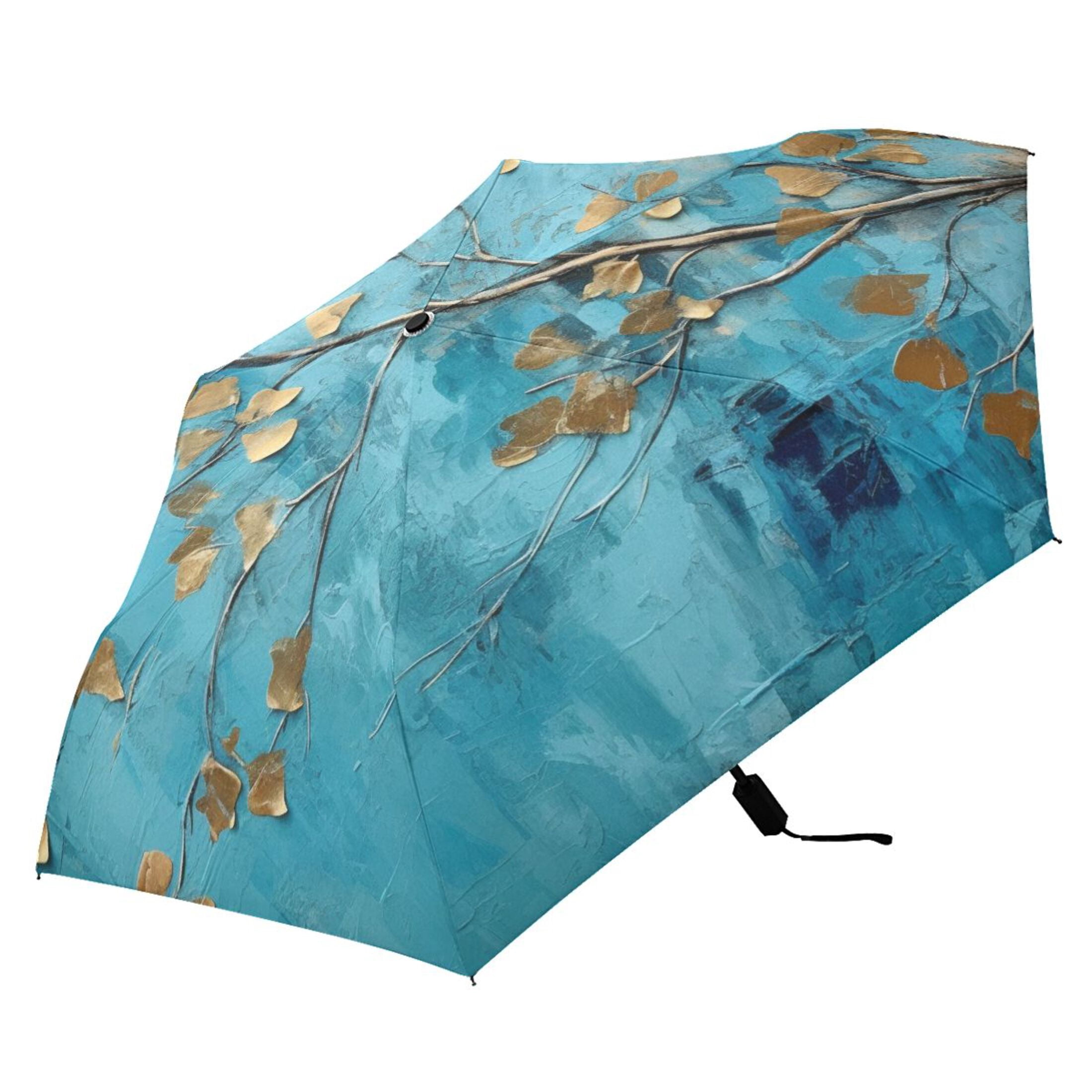 Abstract Flowers Blue Compact Folding Umbrella for Rain Windproof ...