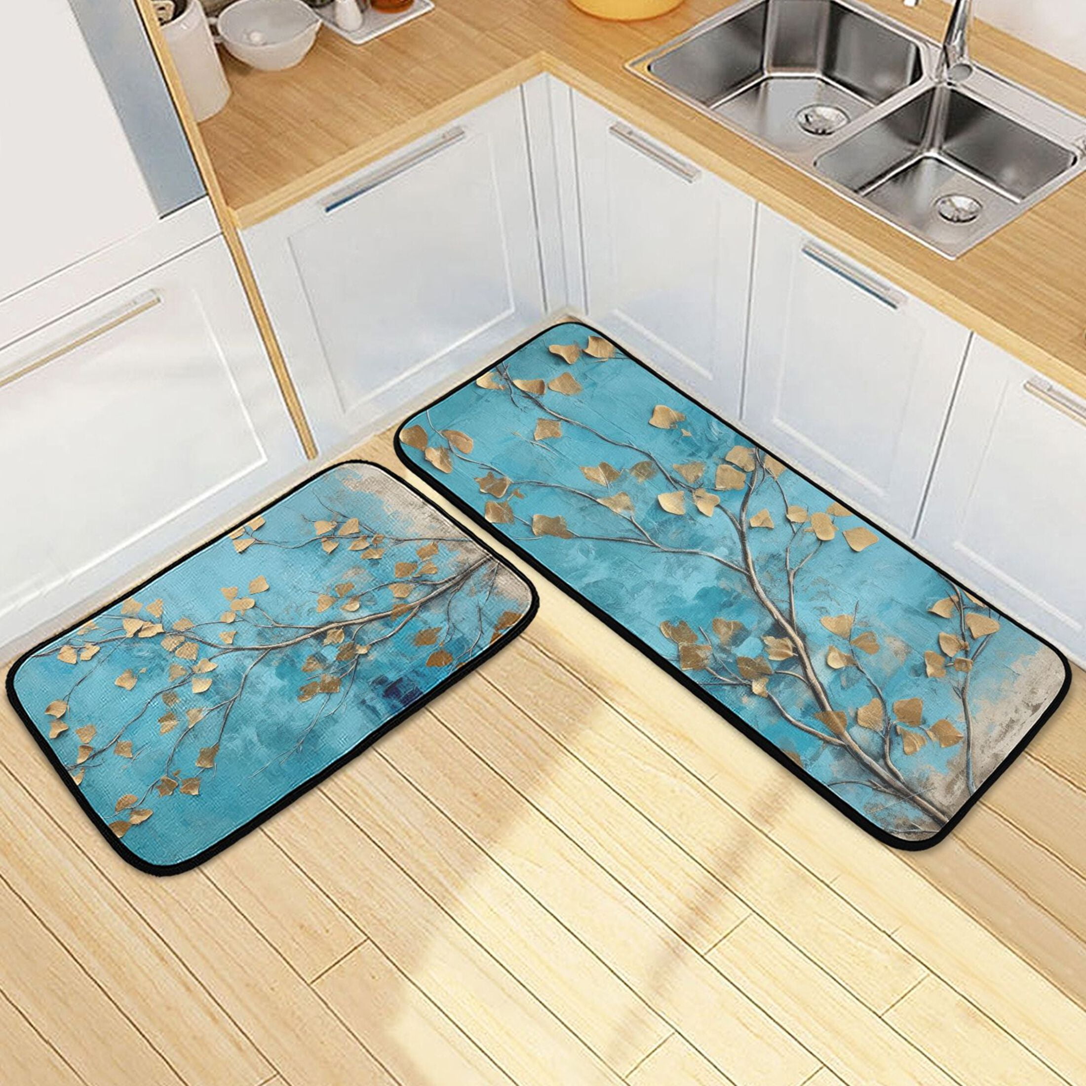 Abstract Flowers Blue Kitchen Rugs Set of 2 Non Slip Floor Foam Mat ...