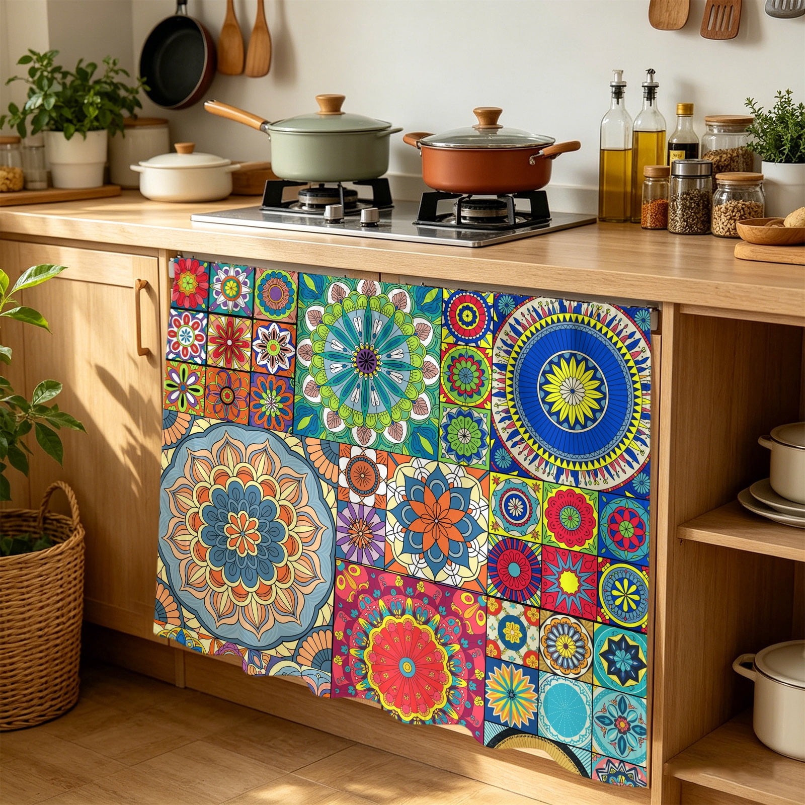 Abstract Flowers Cabinet Curtains 35" W x 35" L Ethnic Style Colorful ...