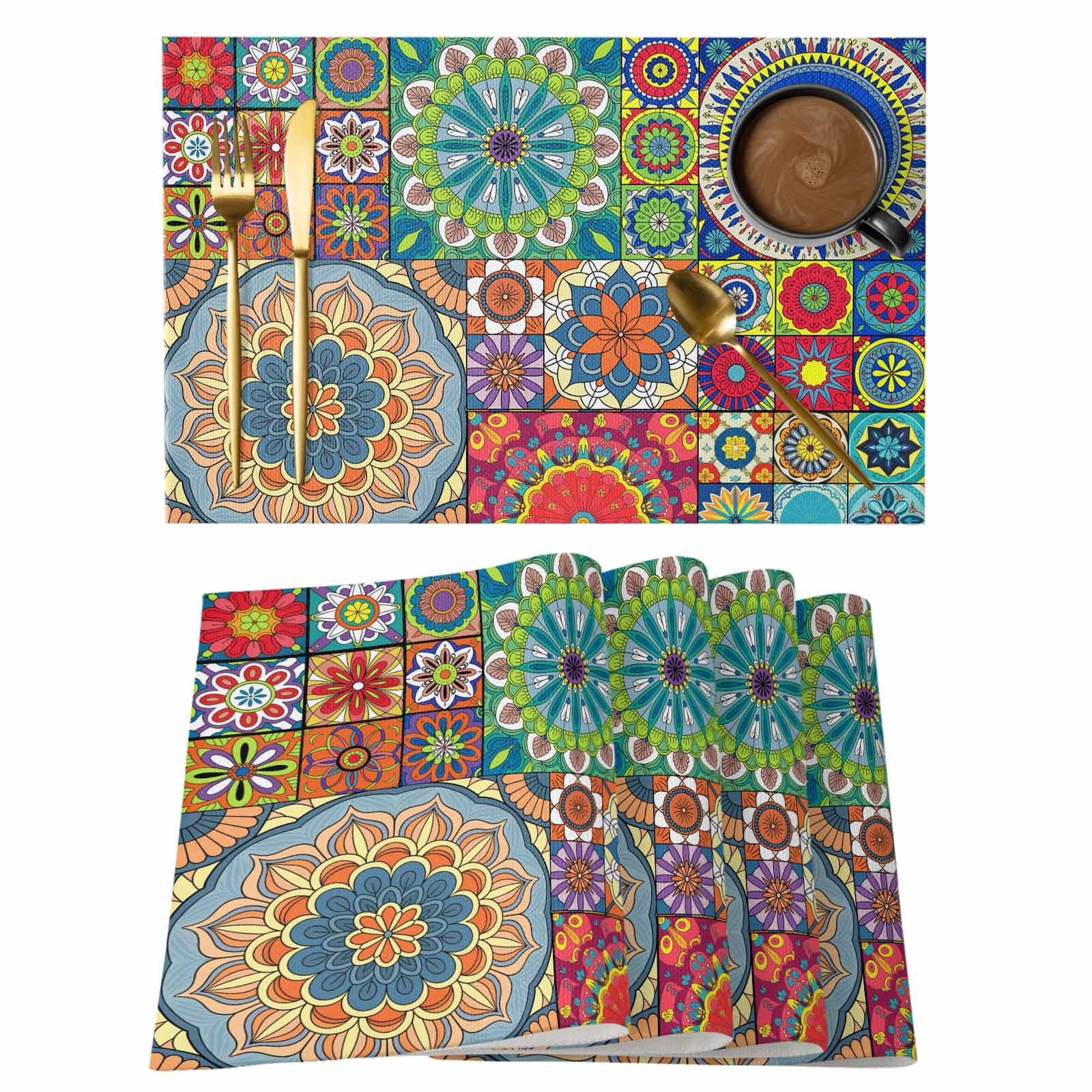 Abstract Flowers Cotton Linen Placemats Set of 4, Ethnic Style Colorful ...