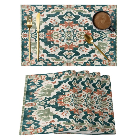 Abstract Flowers Cotton Linen Placemats Set of 4, Red Green Vintage ...