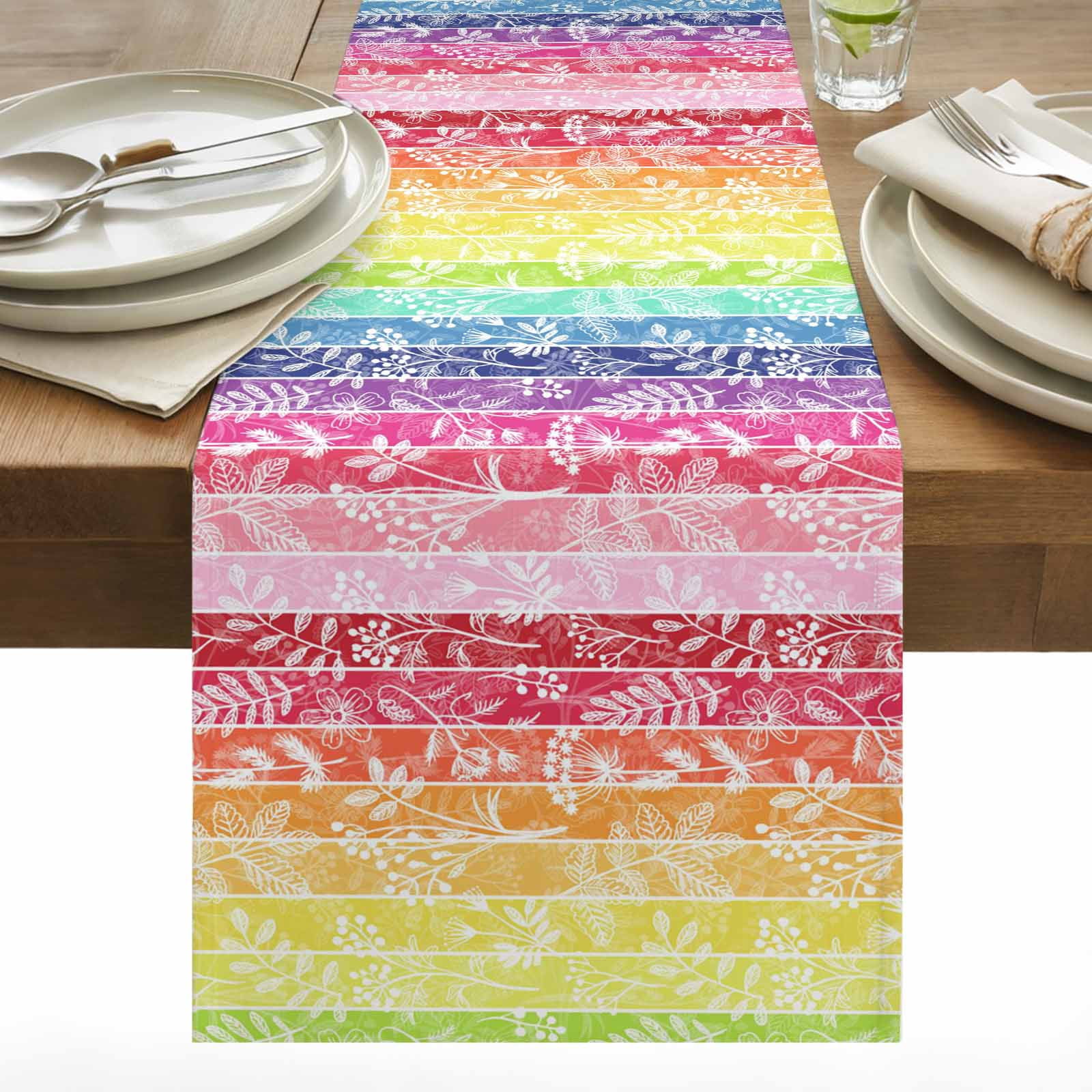 Abstract Flowers Cotton Linen Table Runner White Dandelion Lavender ...