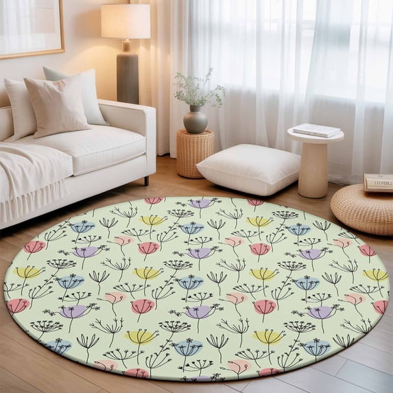 Abstract Flowers Dandelion Round Rug 5ft Country Floral on Green ...