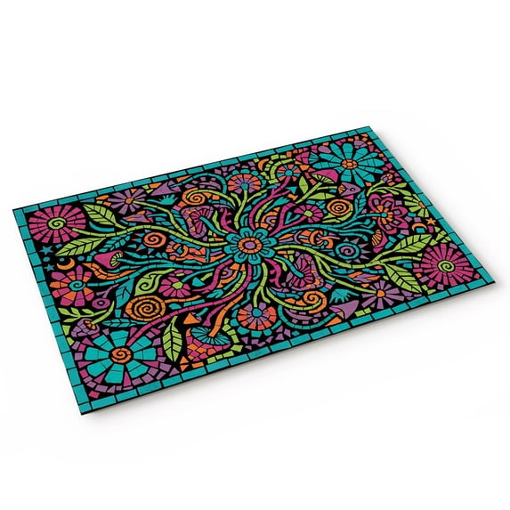 Abstract Flowers Door Mat Retro Abstract Blue Pink Orange Floral Leaf ...