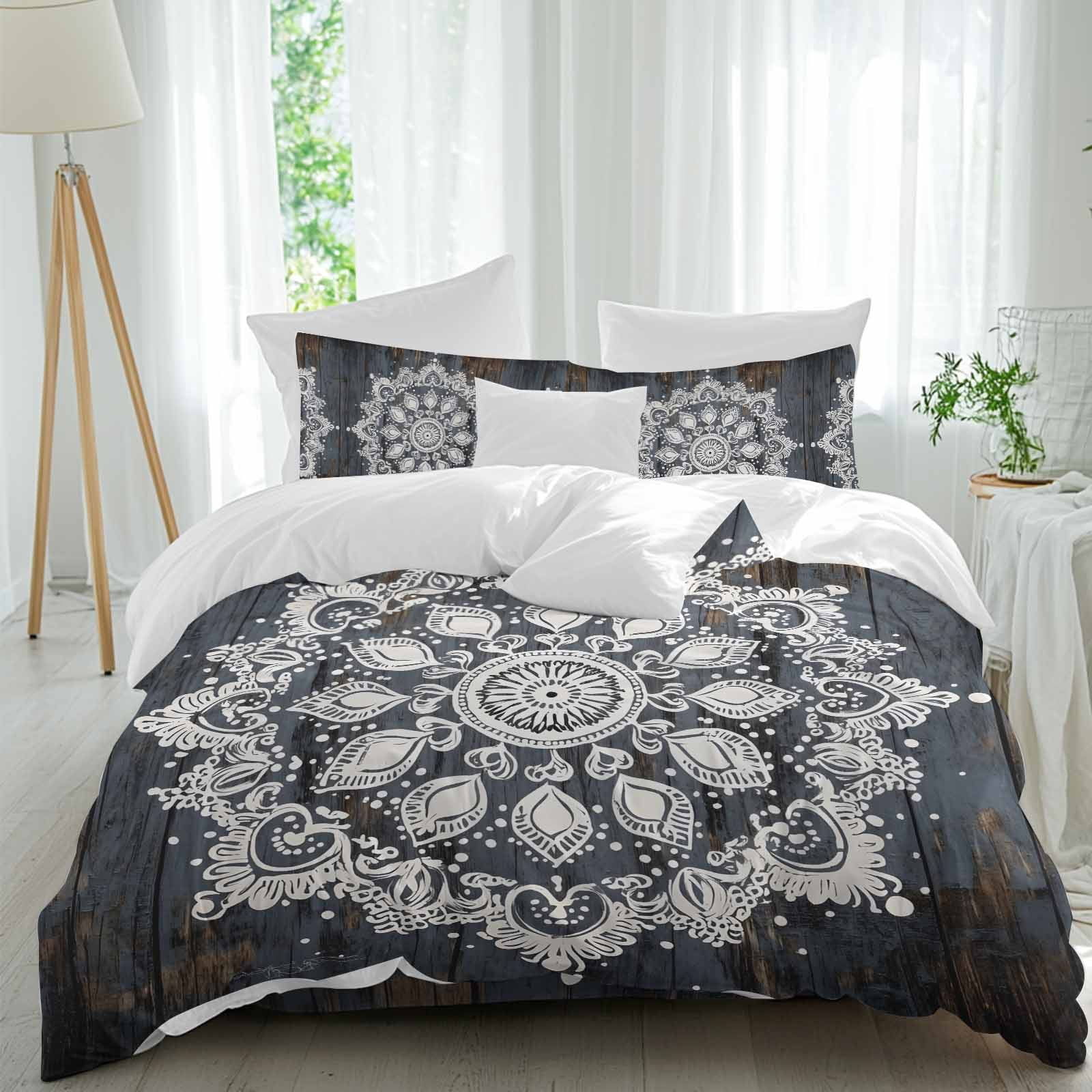 Abstract Flowers Ethnic Comforter Set Full Size, Blue Wood Grain Soft ...
